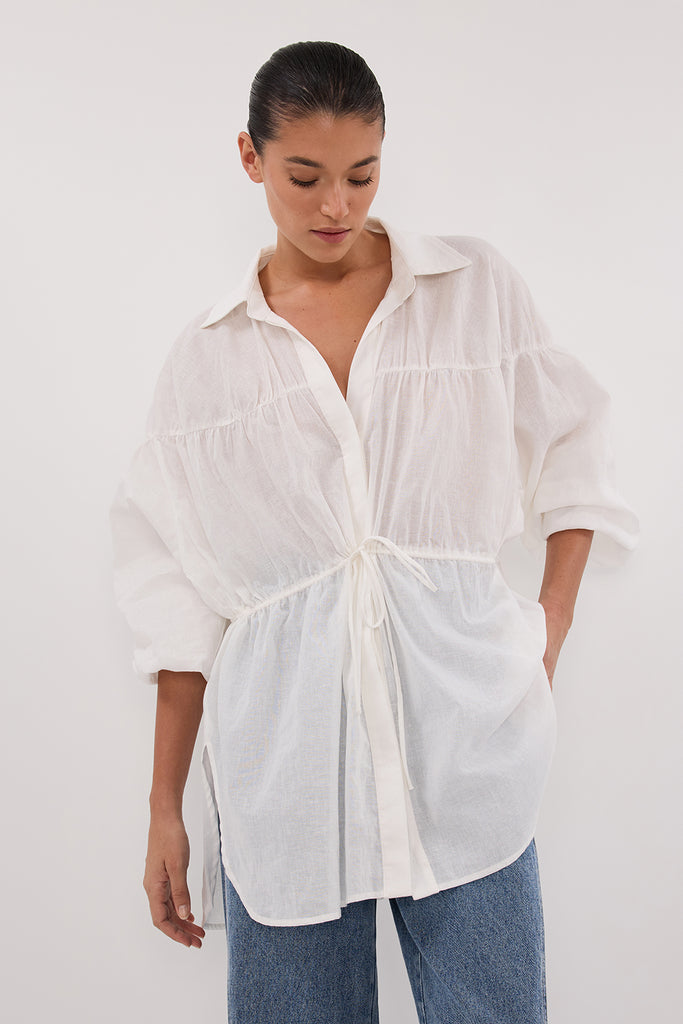 FLOYCE WHITE LINEN LONG SLEEVE TOP | Dissh