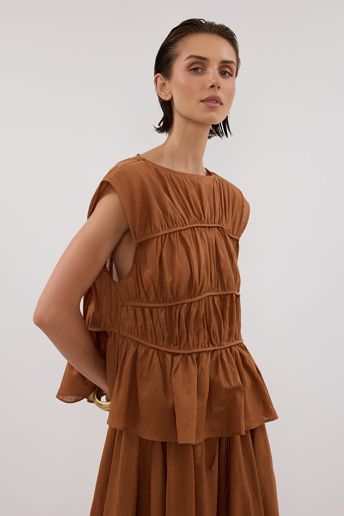FLYNN RUST LINEN BLEND TIERED TOP | Dissh