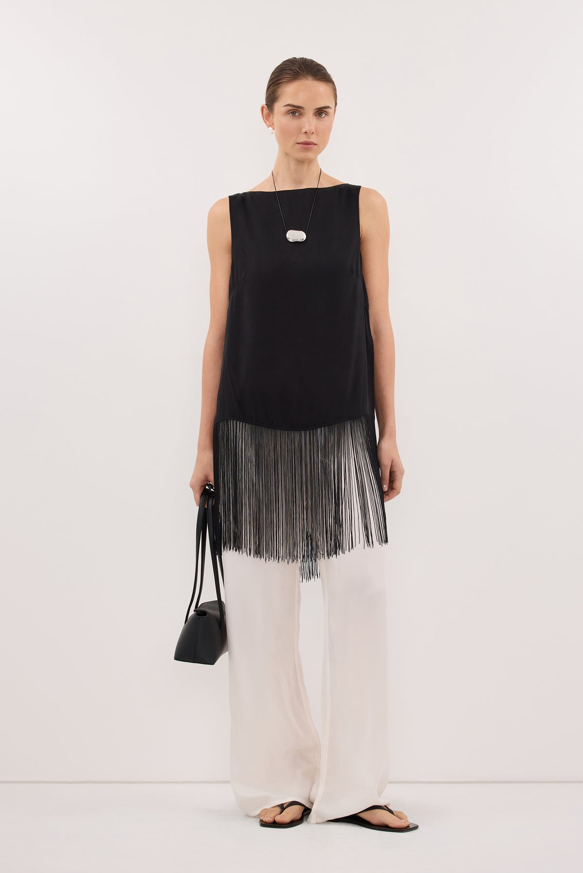 FIORA BLACK CUPRO FRINGE TOP – DISSH