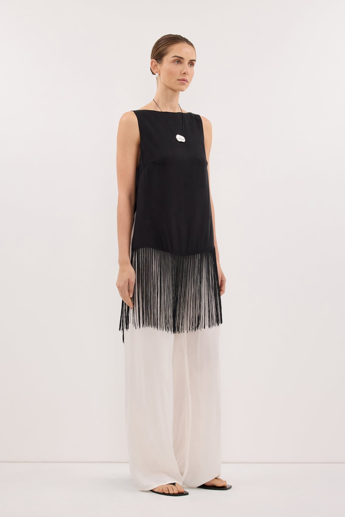 FIORA BLACK CUPRO FRINGE TOP – DISSH