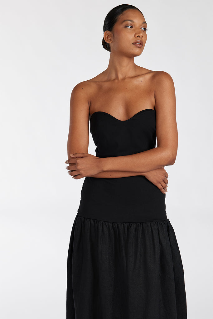 ELLISON BLACK STRAPLESS MIDI DRESS | Dissh