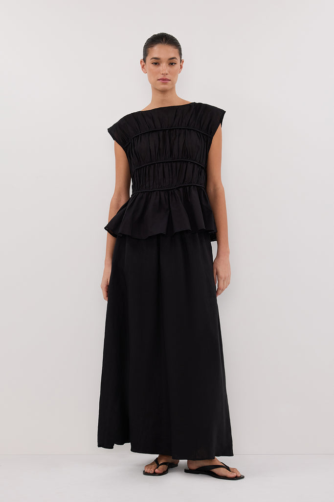 GEMIMA BLACK LINEN MIDI SKIRT | Dissh